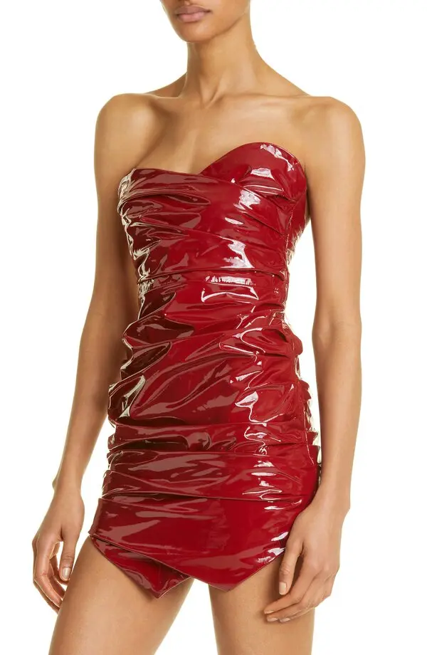 Attico Hania Ruched Patent Leather Strapless Dress In Wine Red - 70% Off |  Editorialist