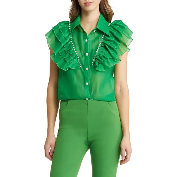 NIKKI LUND Holly Rhinestone Ruffle Button-up Blouse - Bright Green