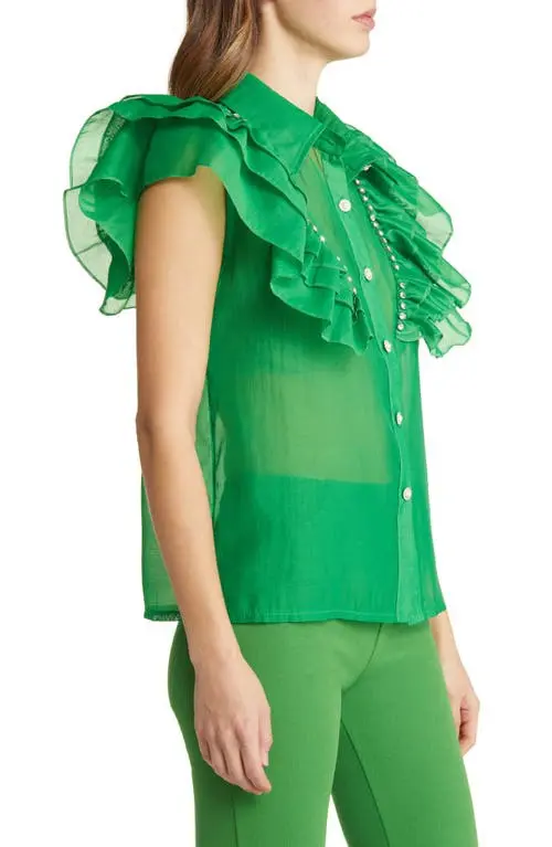 NIKKI LUND Holly Rhinestone Ruffle Button-up Blouse - Bright Green