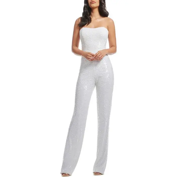 Dress The Population Andy Sequin Strapless Jumpsuit - White Multi
