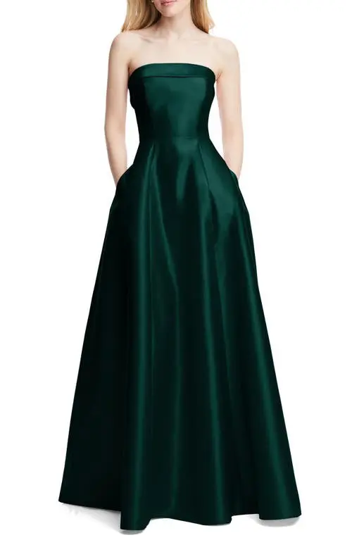 Alfred Sung Strapless Satin Gown - Evergreen