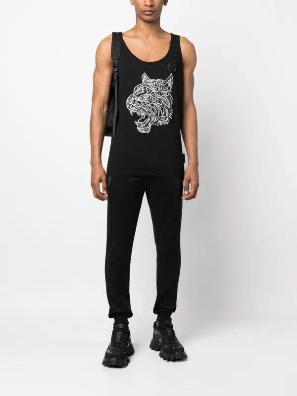 PLEIN SPORT Tiger-print Cotton Tank Top - Black