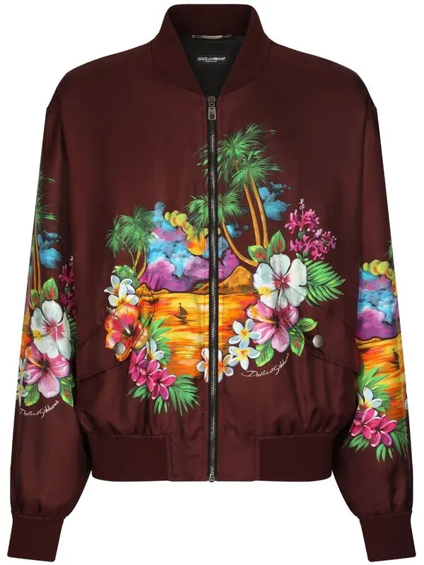 Dolce & Gabbana Island-print Silk Bomber Jacket - Red