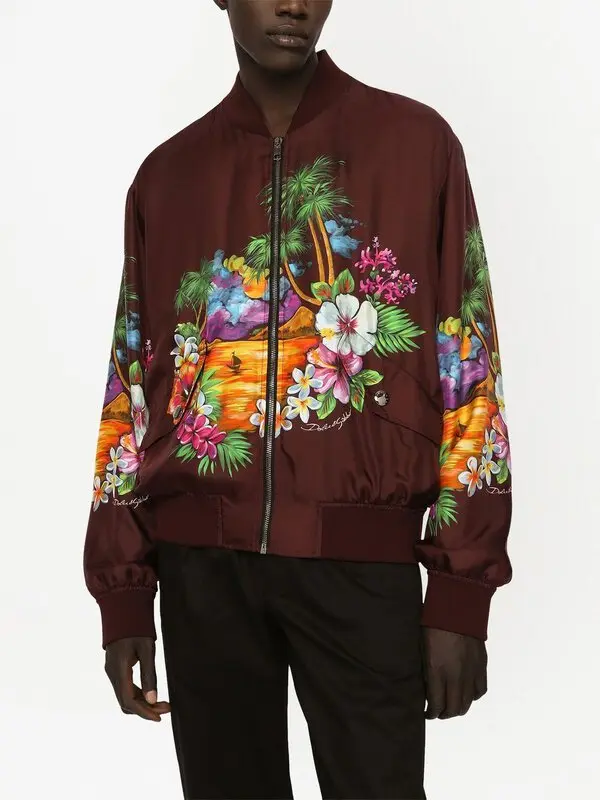 Dolce & Gabbana Island-print Silk Bomber Jacket - Red