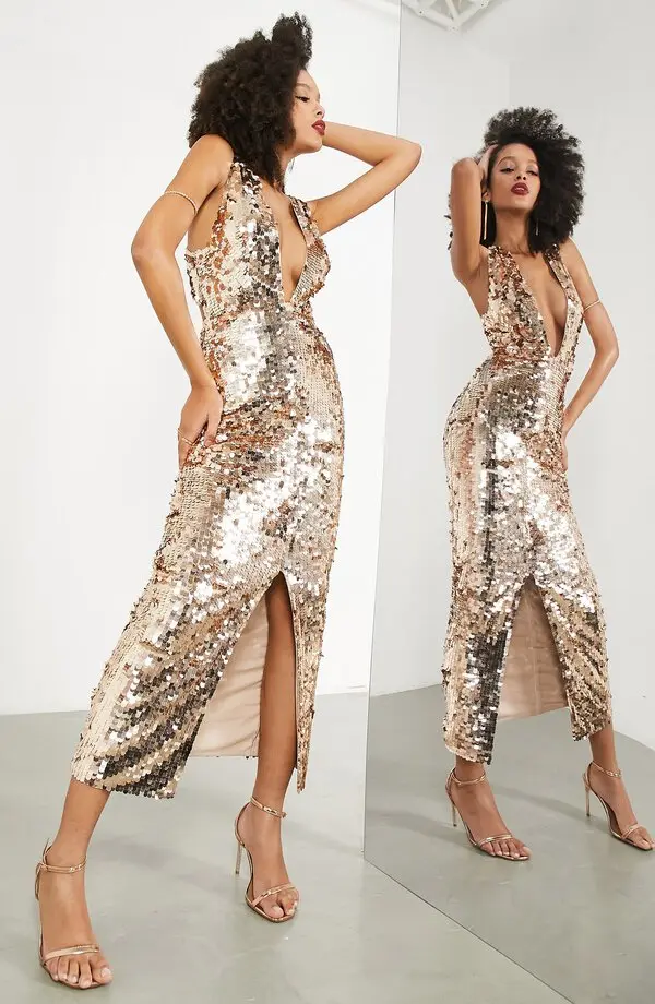 Asos Edition Sequin Plunge Neck Midi Dress