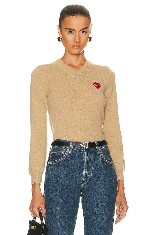 Play Comme Des Garcon Invader V-neck Pullover Sweater - Camel