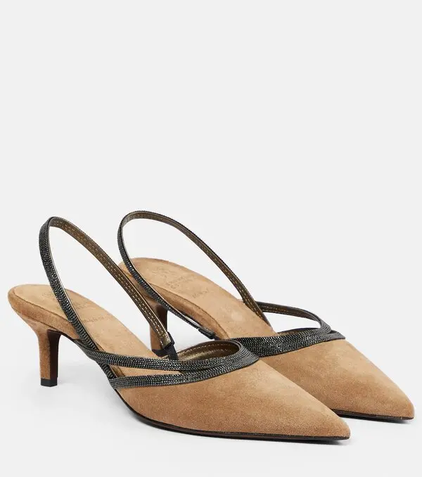 Brunello Cucinelli City Embellished Suede Slingback Pumps