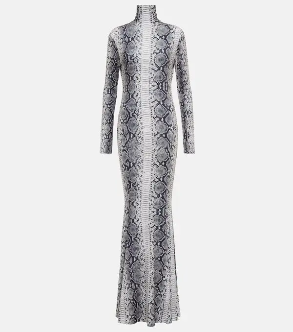 Norma Kamali Snake-print Turtleneck Jersey Maxi Dress