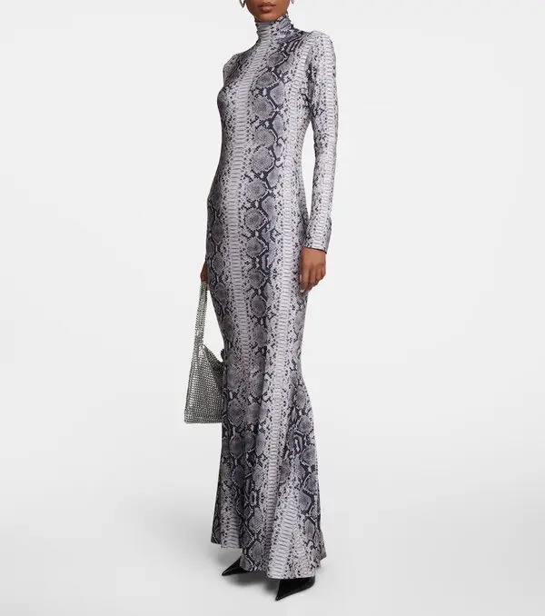 Norma Kamali Snake-print Turtleneck Jersey Maxi Dress