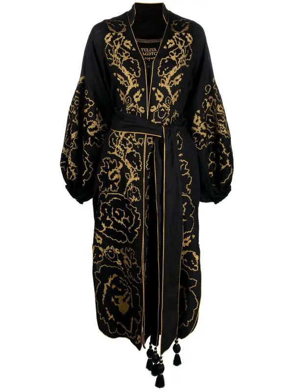 Yuliya Magdych Floral-embroidered Belted Dress - Black