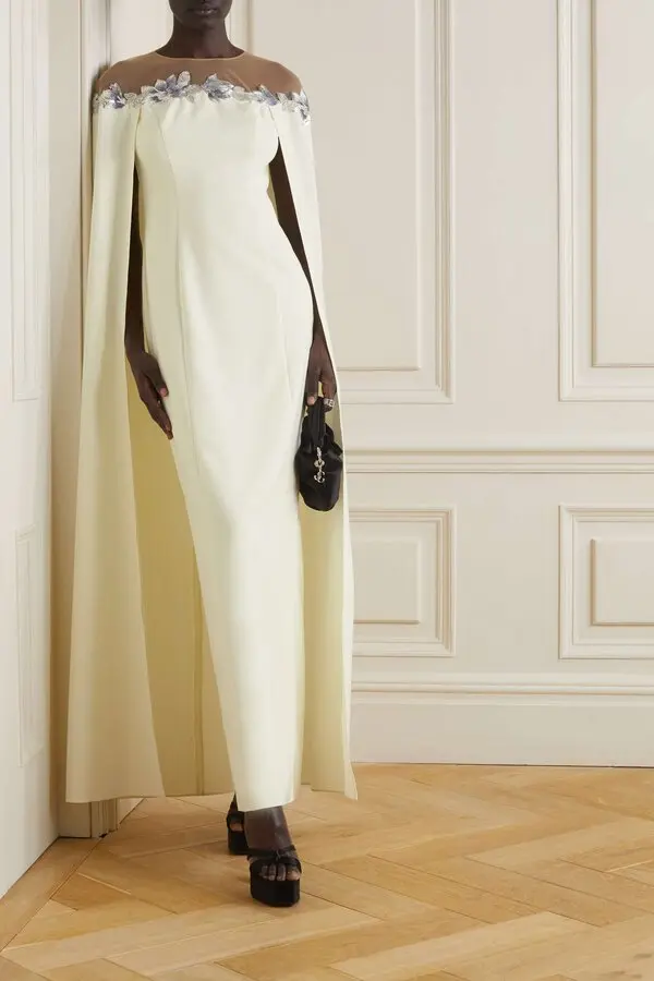 Marchesa Cape-Effect Embellished Gown In Ivory - 70% Off | Editorialist