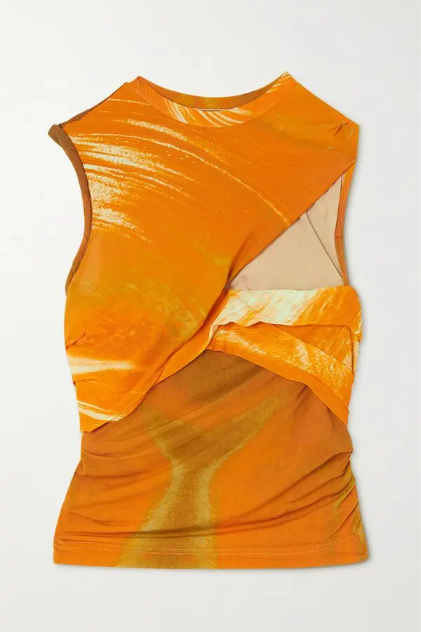 Simkhai Terra Asymmetric Draped Printed Jersey Top