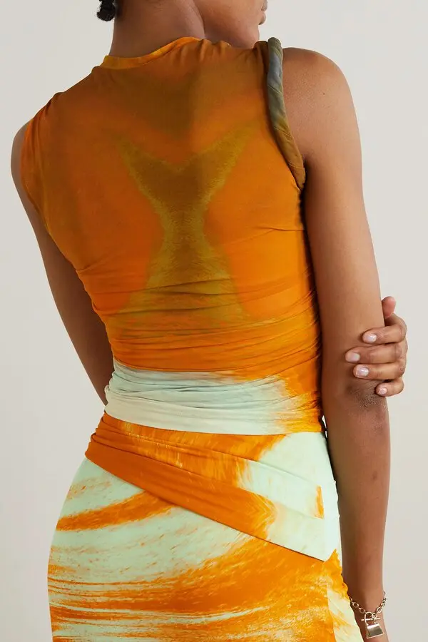 Simkhai Terra Asymmetric Draped Printed Jersey Top