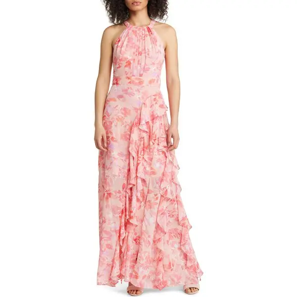 Eliza J Floral Chiffon Gown In Pink Print 61% Off Editorialist