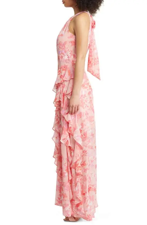 eliza j pink chiffon dress Eliza J Floral A-Line Chiffon Gown In Poppy - 60% Off