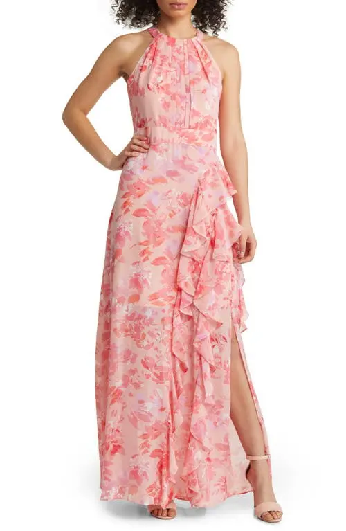 eliza j pink chiffon dress Eliza J Embellished Chiffon Pink Blush Gown Dress Size 8