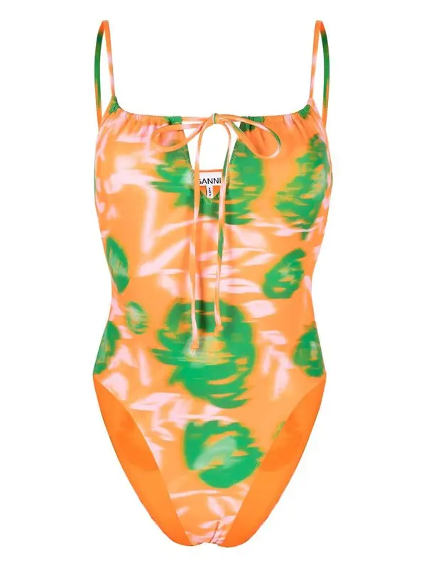 GANNI Floral-watercolor Print Swimsuit - Orange