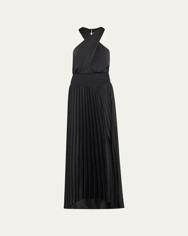 Ramy Brook Arina Pleated Halter Midi Dress - Black | Editorialist