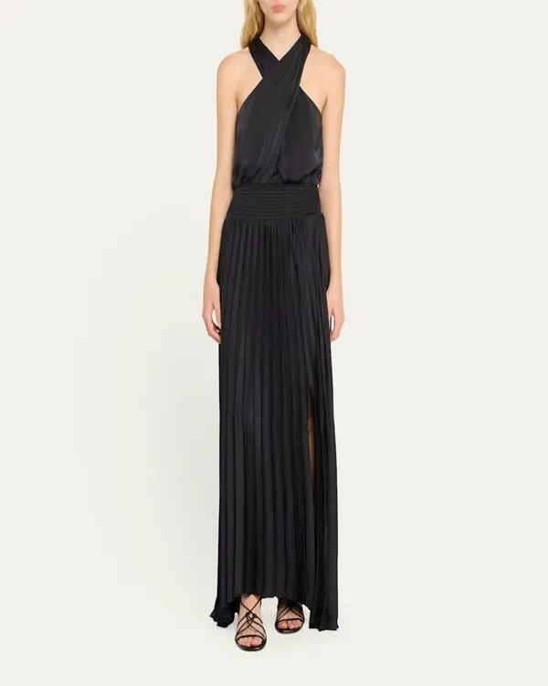 Ramy Brook Arina Pleated Halter Midi Dress - Black