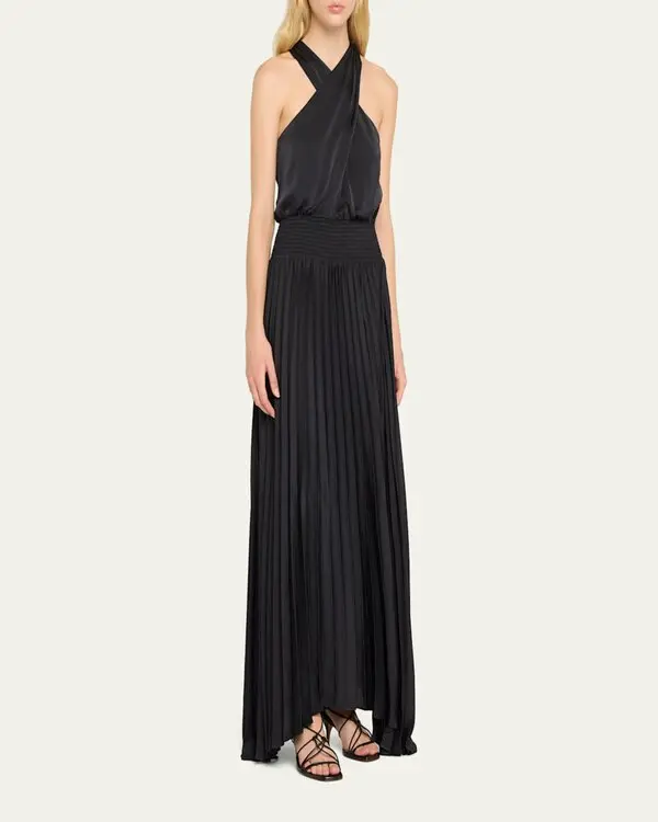 Ramy Brook Arina Pleated Halter Midi Dress - Black