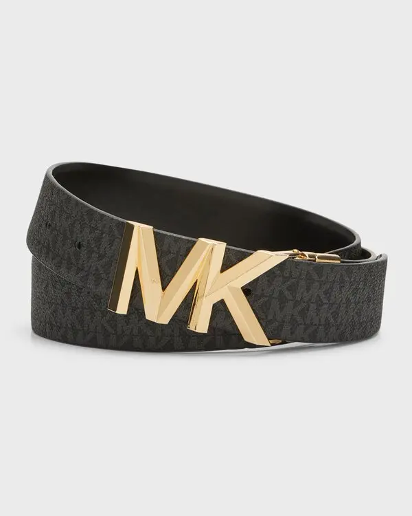 Michael Kors Logo Reversible Leather Belt Brown Logo Chocolate