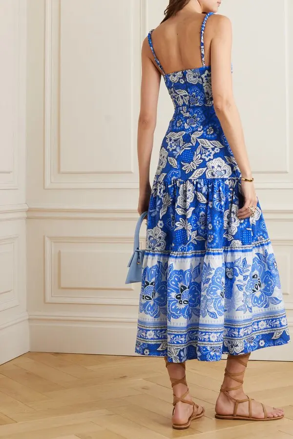 farm rio blue full of flowers organic cotton midi dress Farm Rio Maira Long Linen Floral Print Dress