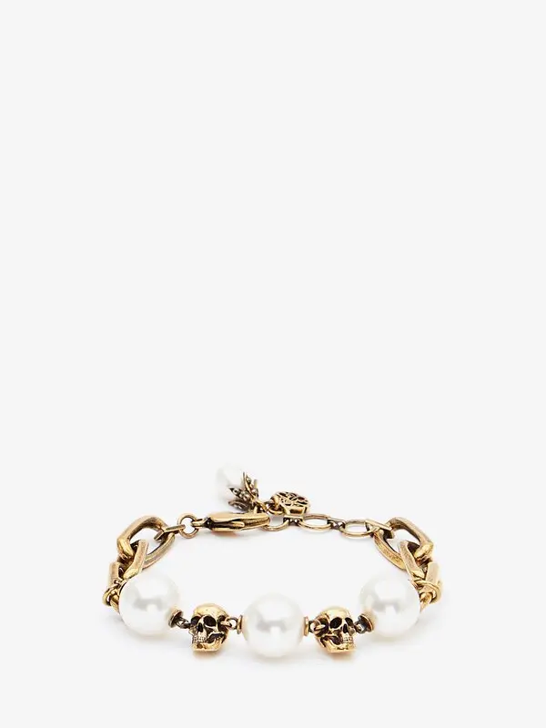 Alexander McQueen Pearl-like Skull Chain Bracelet - Antique Gold-finish