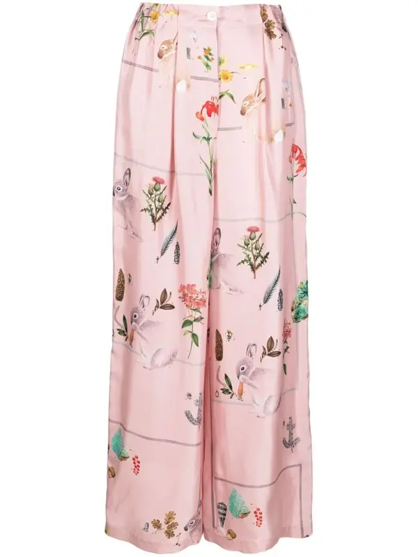 LANVIN Foliage-print Silk Palazzo Trousers