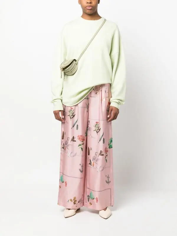 LANVIN Foliage-print Silk Palazzo Trousers