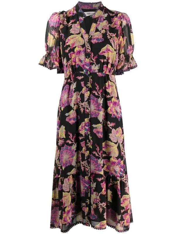 Diane Von Furstenberg Floral Print Chiffon Midi Dress - Black