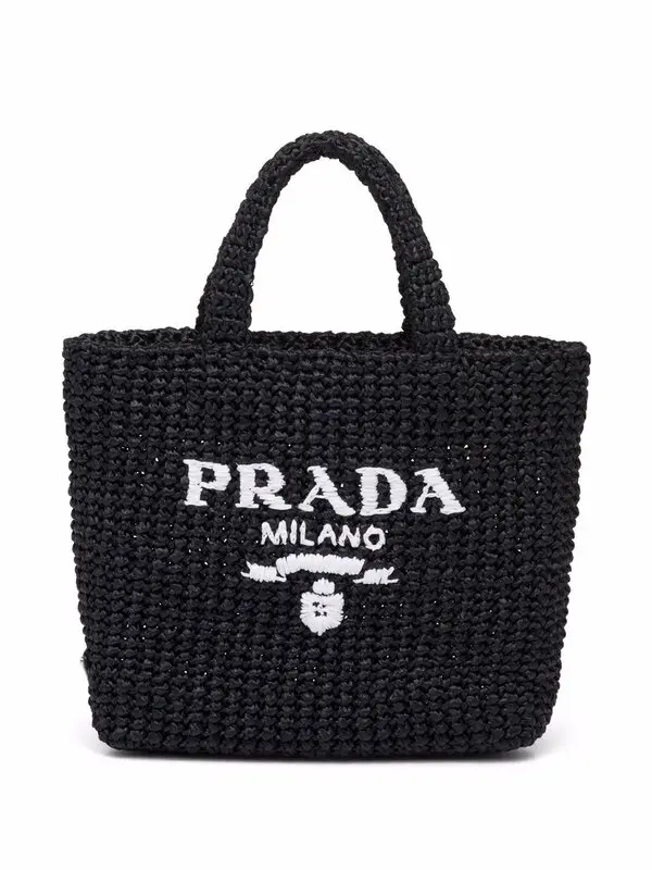 Prada Logo-embroidered Raffia Tote Bag - Black