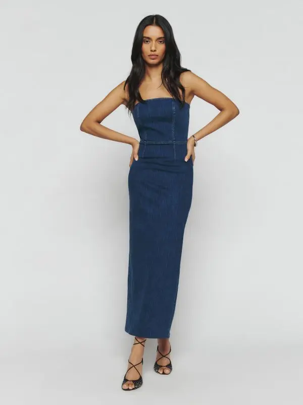 eugenia denim midi dress Reformation Eugenia Denim Midi Dress In Simcoe - 50% Off