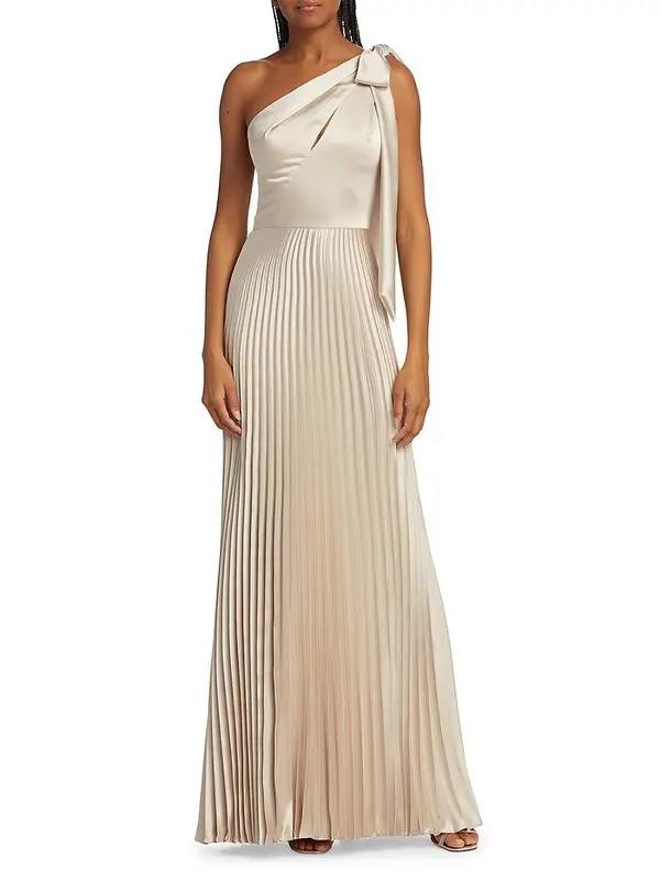 Amsale Satin One-shoulder Pleated Gown - Champagne