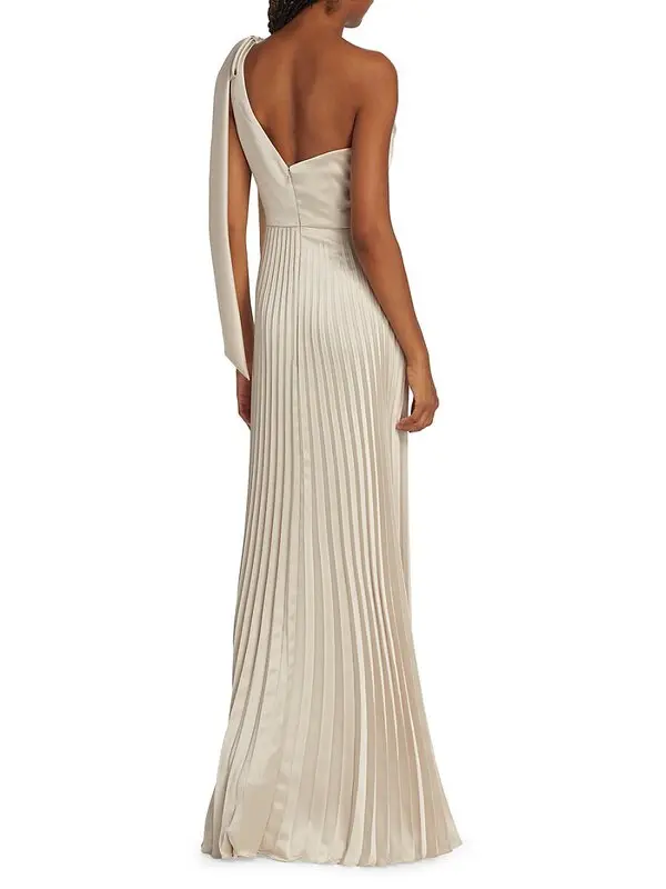 Amsale Satin One-shoulder Pleated Gown - Champagne