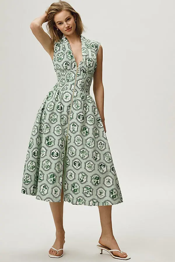 Maeve The Tommie Zip-front Midi Dress - Green Pattern