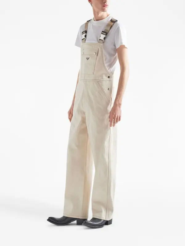 Prada Triangle-Logo Denim Overalls - Neutrals | Editorialist