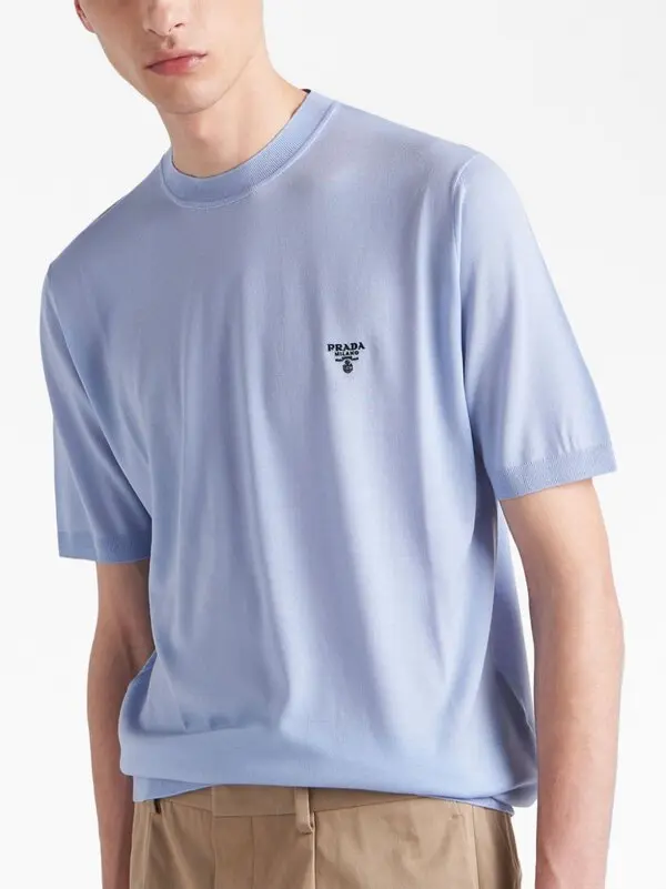 PRADA Tシャツ　サックスブルーM Prada Logo-Embroidered Wool T-Shirt - Blue | Editorialist