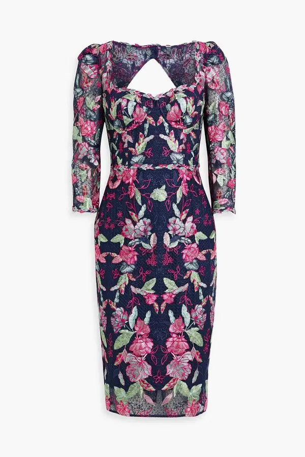 Marchesa Cutout Embroidered Tulle Dress In Navy - 85% Off | Editorialist