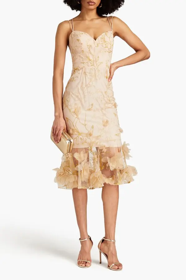 sachin and babi light blue dress Marchesa Floral-AppliquéD Embroidered Tulle Dress In Beige - 80% Off