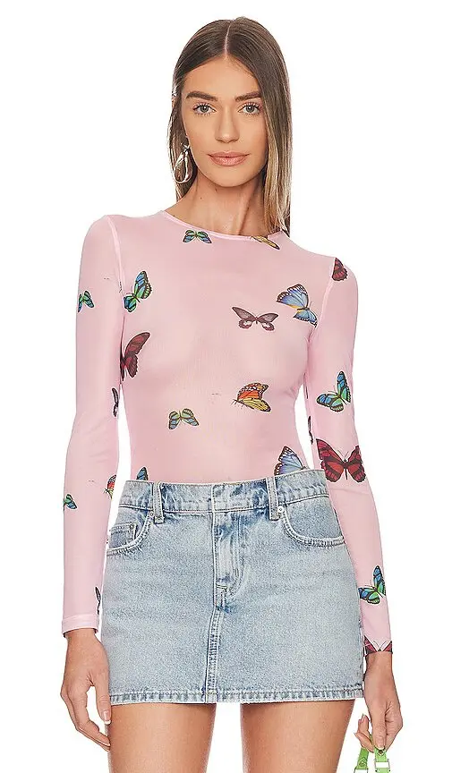 Superdown Butterfly Mesh Long Sleeve Top