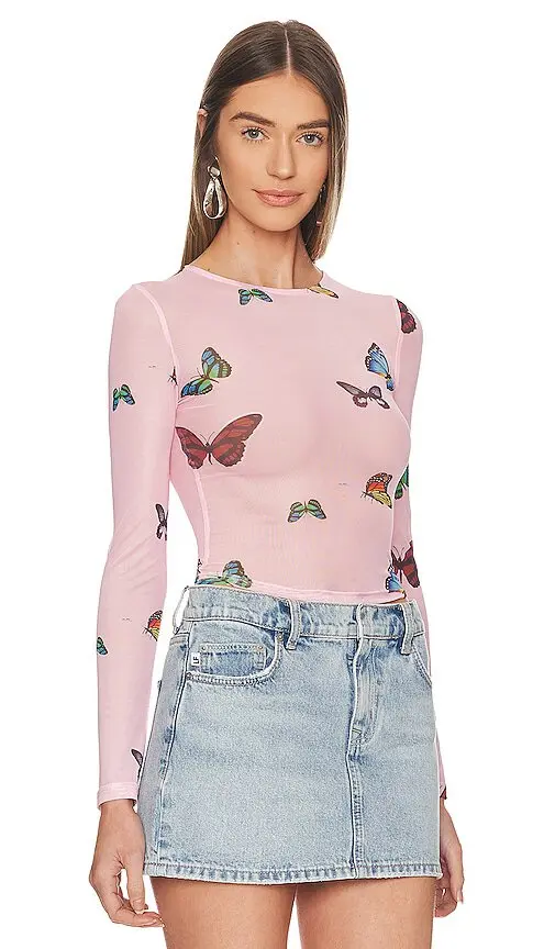 Superdown Butterfly Mesh Long Sleeve Top