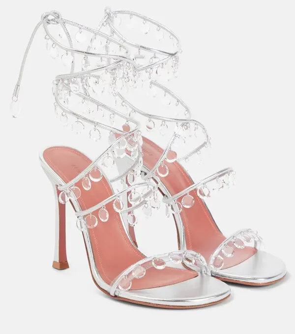 Amina Muaddi Tina Embellished Leather Sandals - Silver