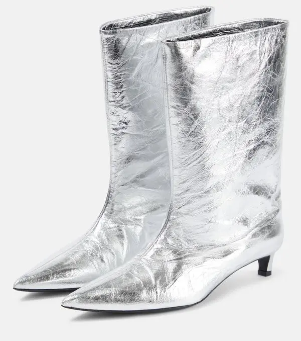 JIL SANDER Metallic Leather Ankle Boots - Silver