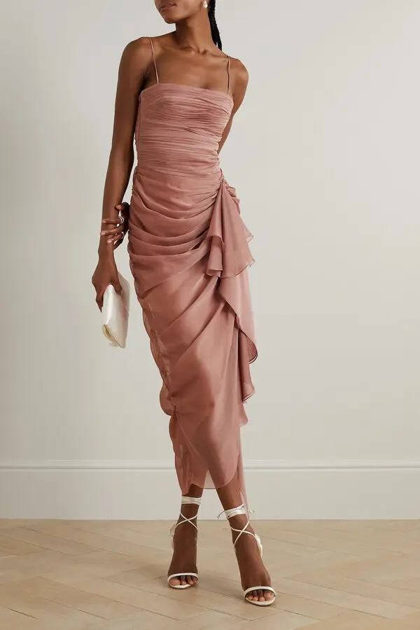 Rasario Pleated Draped Chiffon Midi Dress In Pink - 30% Off | Editorialist