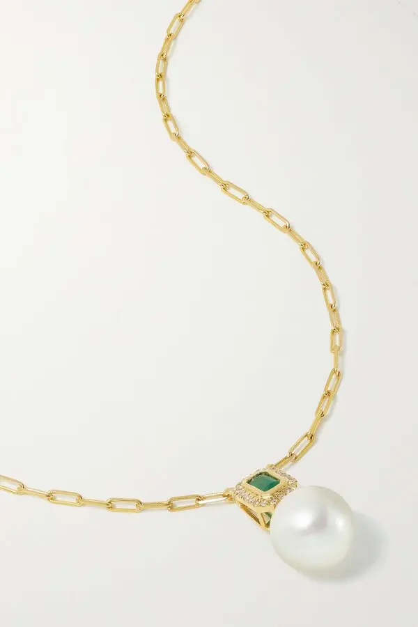 Shay 18-karat Pearl, Emerald, And Diamond Necklace