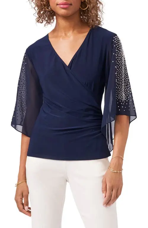 Chaus Embellished Sleeve Surplice Blouse - Navy