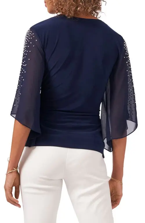 Chaus Embellished Sleeve Surplice Blouse - Navy