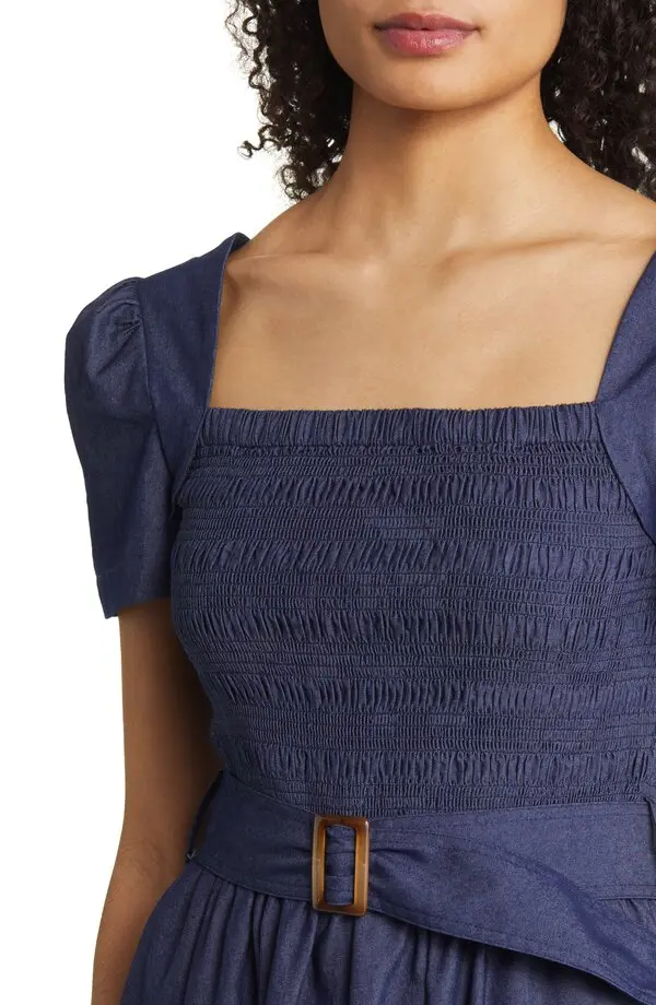 TAHARI ASL Smocked Bodice Denim Midi Dress