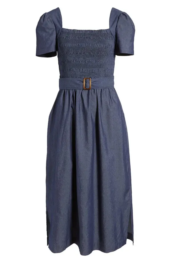 TAHARI ASL Smocked Bodice Denim Midi Dress