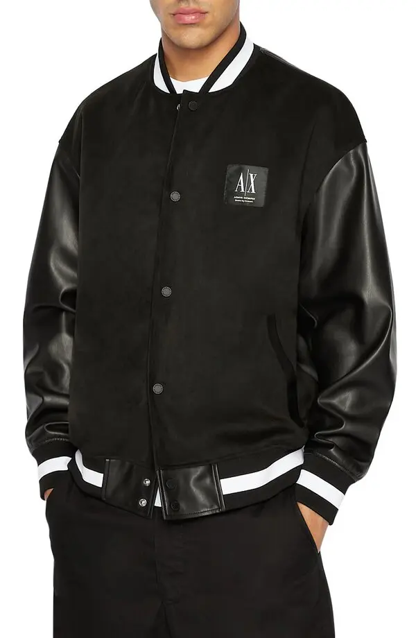Armani Exchange Faux Leather Varsity Jacket In Black - 30% Off